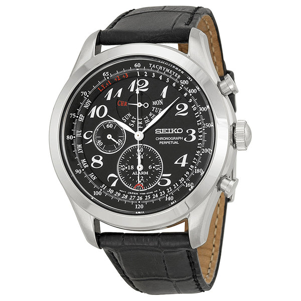 SEIKO Quartz Chronograph Black Leather Watch SPC133P1